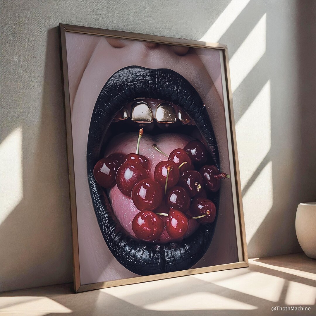 Surrealist Black Lips Cherry Poster | Digital Download Art Print | Edgy ...