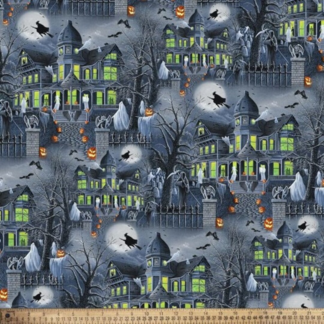 Halloween Gathering Haunted House Fabric by the Half Yard - Etsy