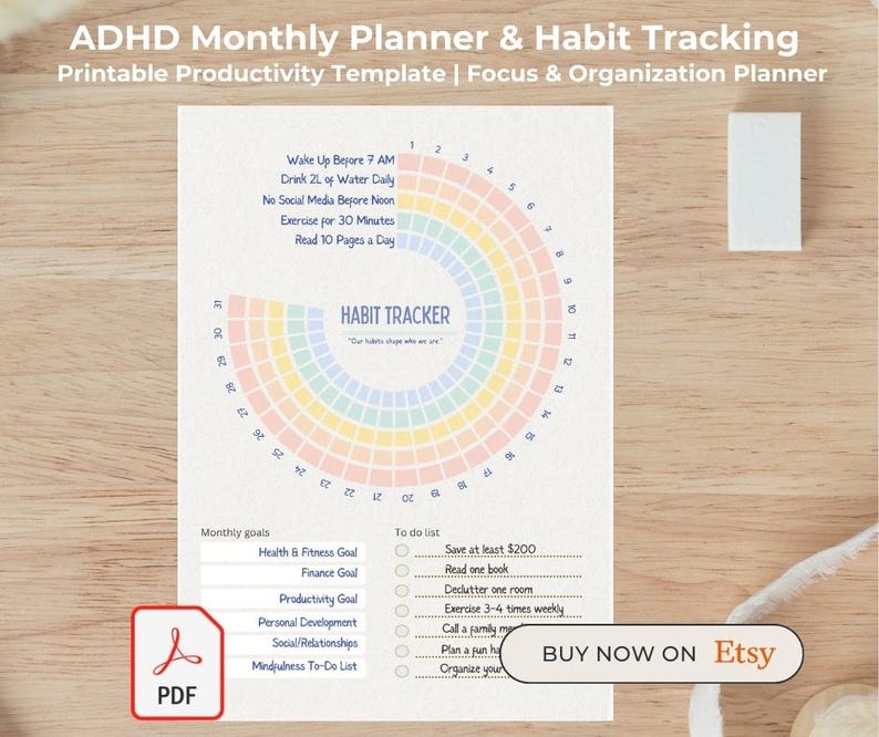 ADHD Monthly Planner + 30-day Habit Tracker | Printable Productivity ...
