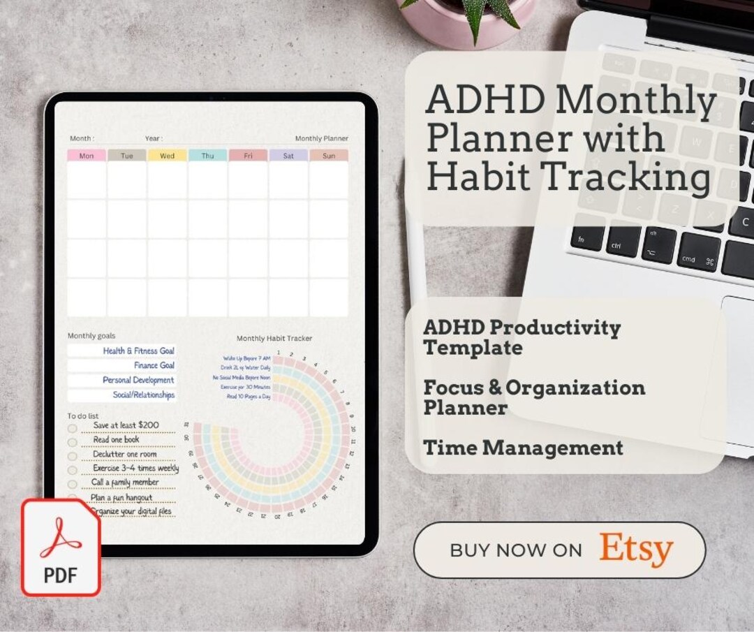 ADHD Monthly Planner + 30-day Habit Tracker | Printable Productivity ...