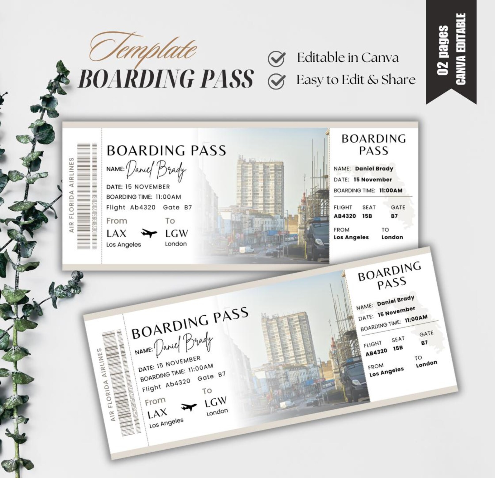Boarding Pass Template | Editable Flight Ticket for Travel, Events ...