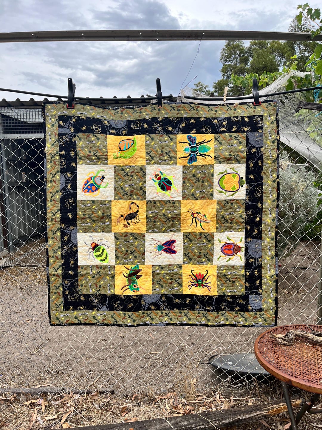 Handmade Bug-themed Quilt | Embroidered Insect Blanket | Unique Nature ...