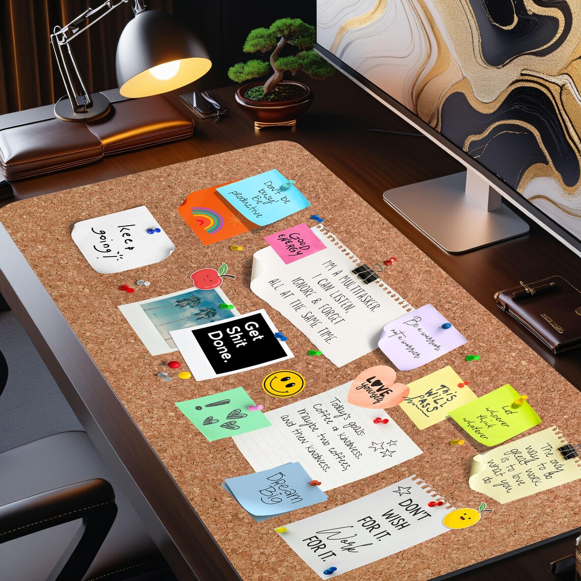 Corkboard Style Desk Mat – Motivational Quotes & Sticky Note Design ...