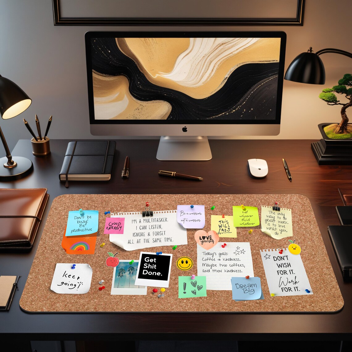 Corkboard Style Desk Mat – Motivational Quotes & Sticky Note Design ...