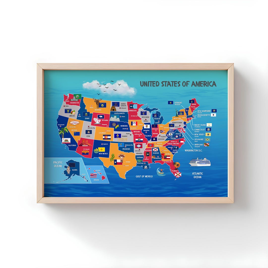 US States Map for Children: Educational Poster With States, Capitals ...