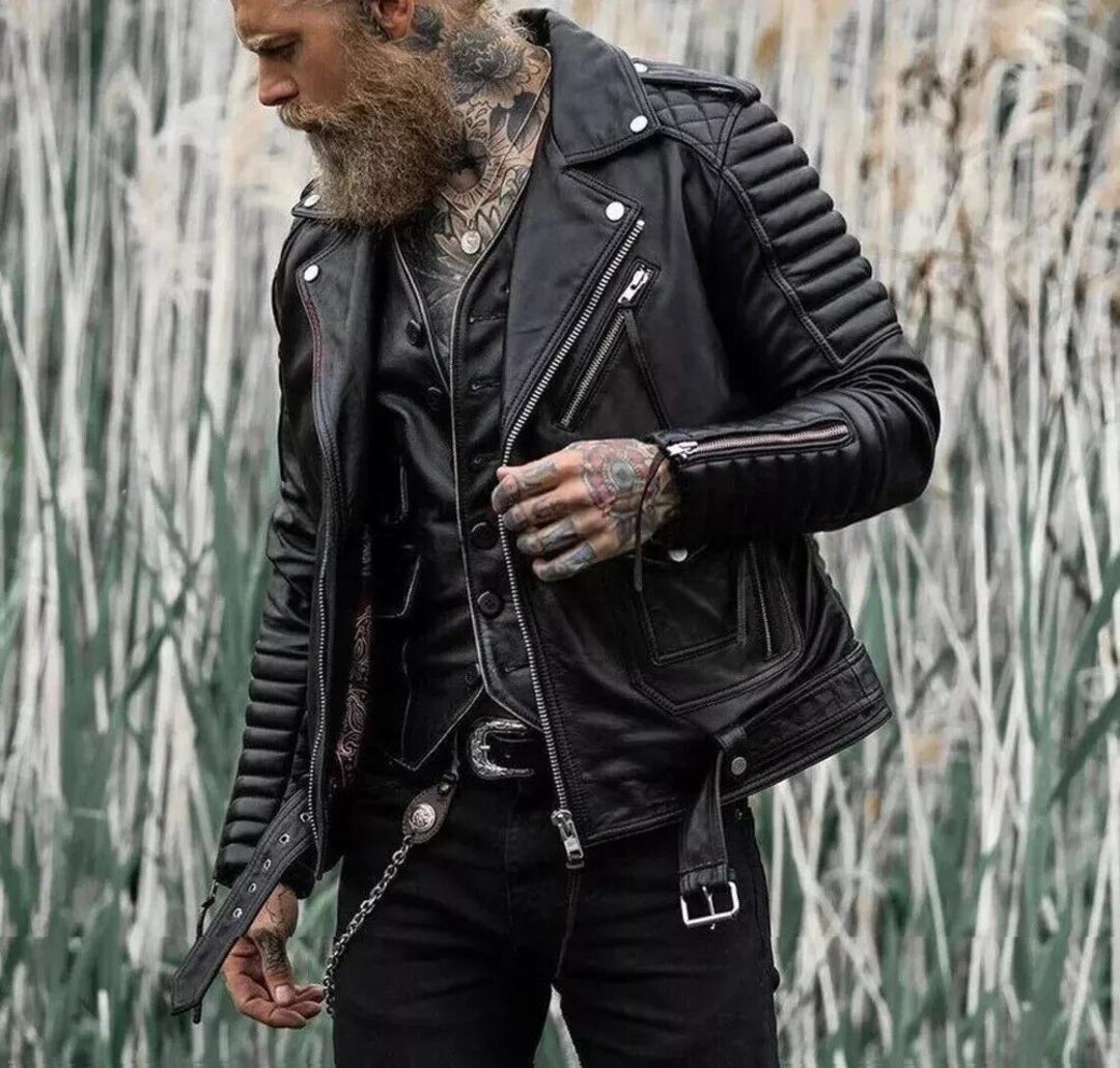 Quilted Slim Fit Motorcycle Biker Jacket Men's Black Genuine Sheepskin ...