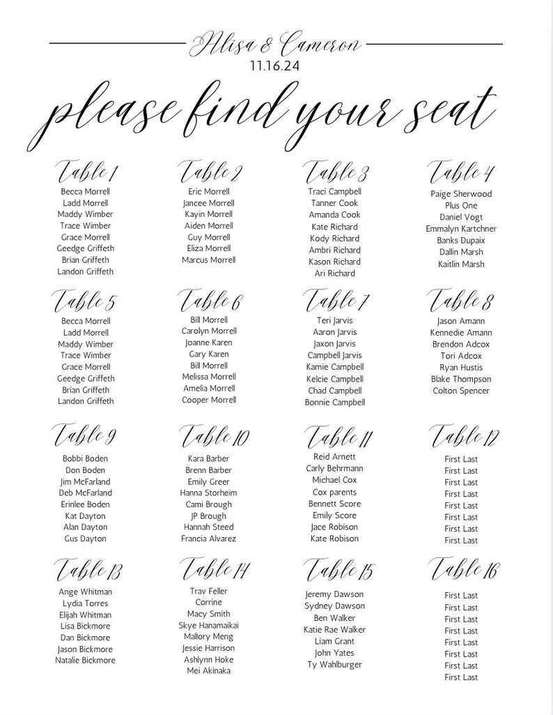 Seating Chart Wedding EDITABLE Template Modern Minimalist Wedding ...