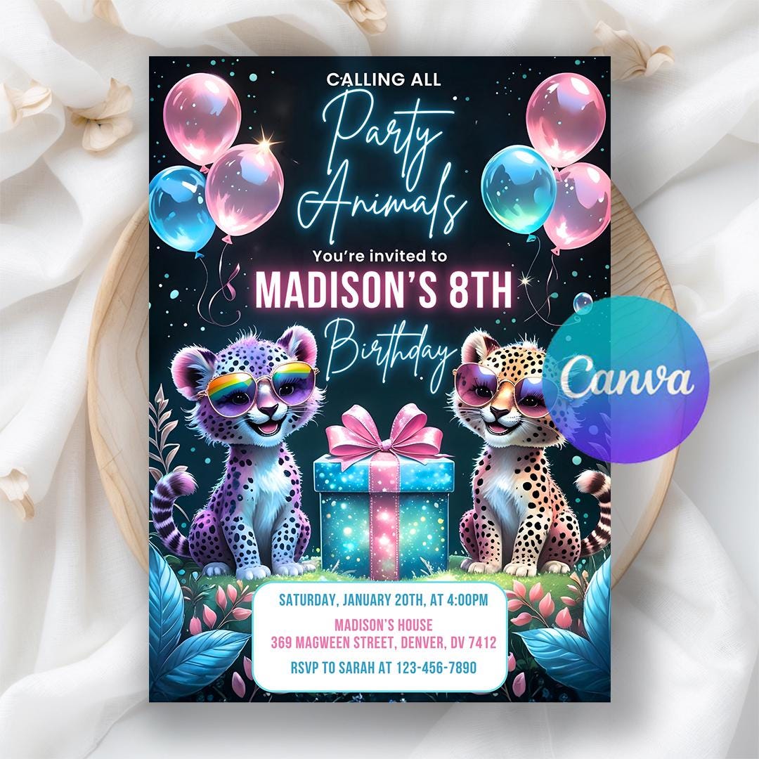 Calling All Party Animals Invitation, Neon Party Animal Kids Birthday ...