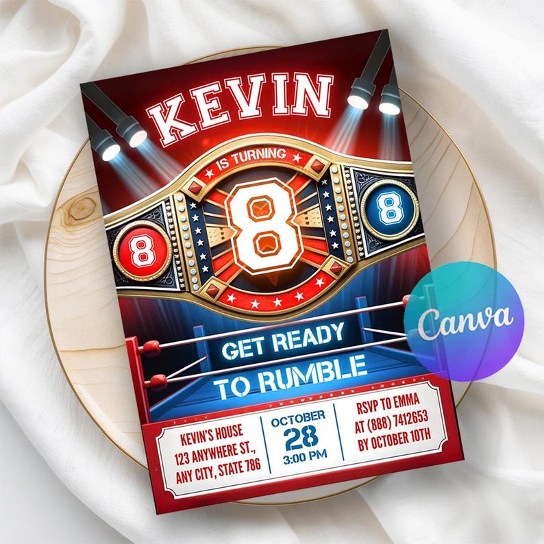 Editable Wrestling Birthday Invitation, Championship Belt Party Invite ...