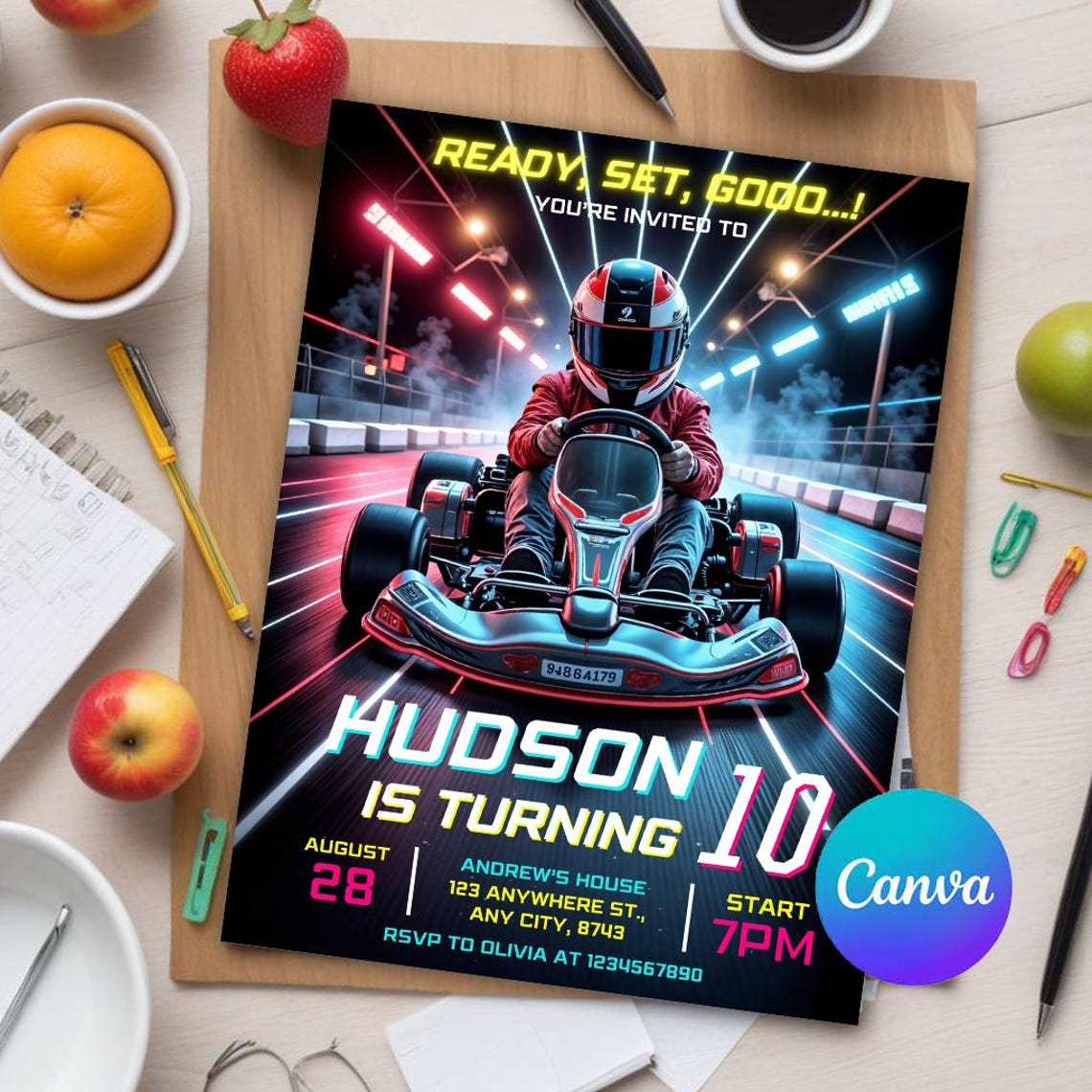Go Kart Birthday Invitation, Racing Birthday Invitation, Boys Birthday ...