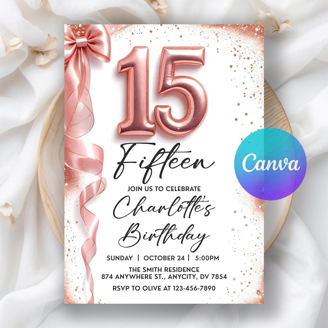 15th Birthday Invitations, Rose Gold Glitter Invitation, 15th Birthday ...