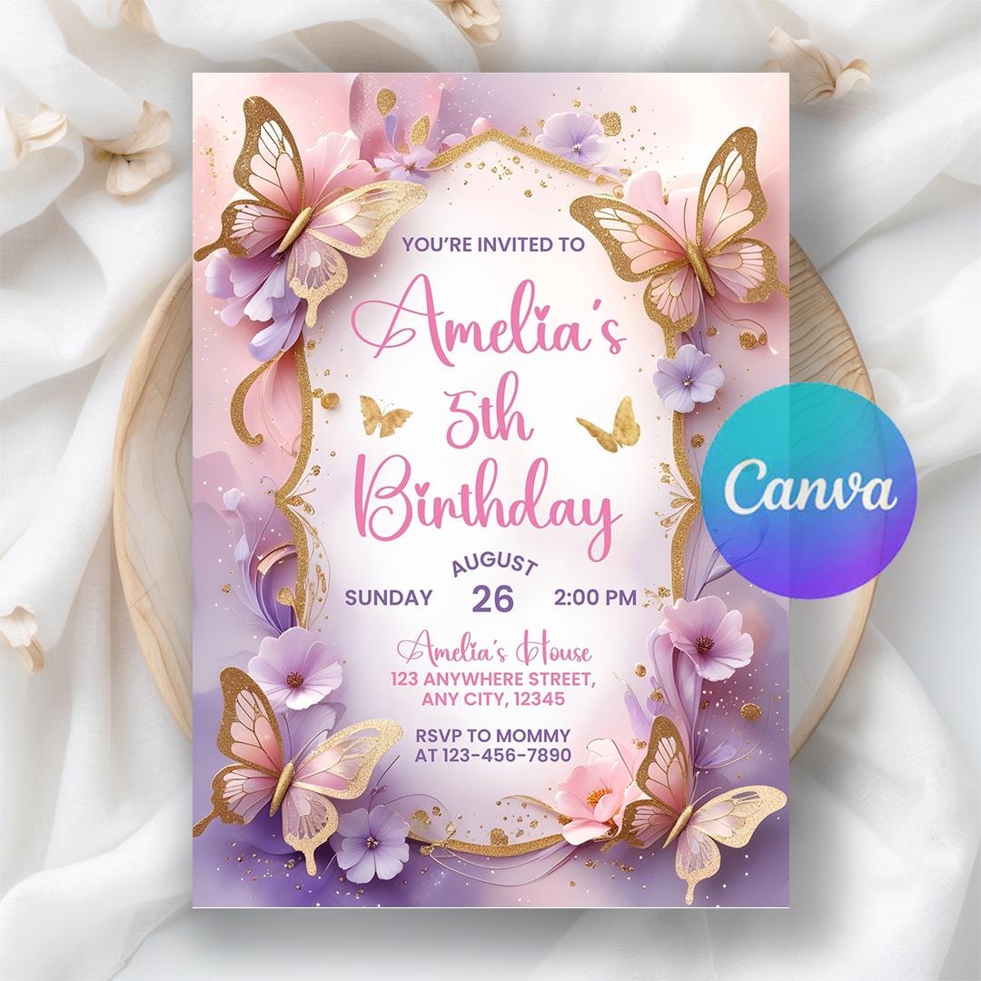 Butterfly Birthday Invitation, Girl Butterfly Party, Purple Butterfly ...