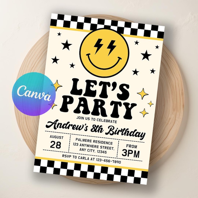 Boy Smiley Face Let's Party Birthday Invitation, Smile Face Groovy ...