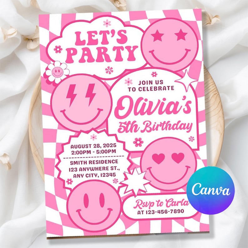 Pink Retro Smiley Birthday Invitation, Preppy Pink Party Invite, Wavy ...