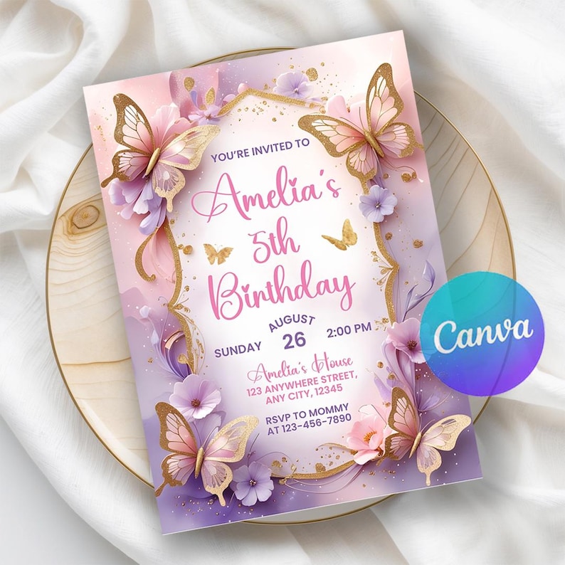 Butterfly Birthday Invitation, Girl Butterfly Party, Purple Butterfly ...