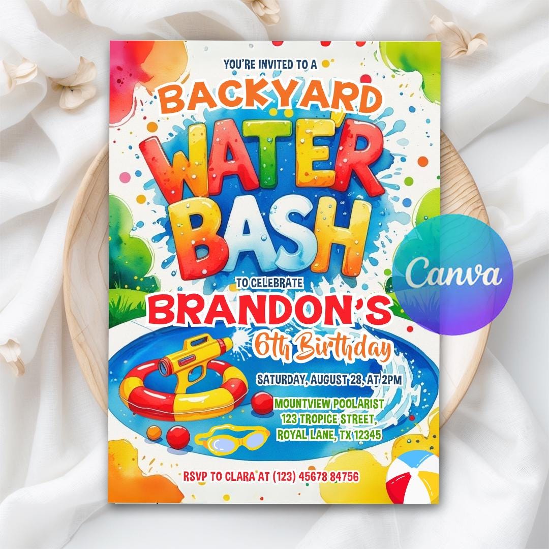 Water Gun Birthday Invitation, Pool Party Invitation, Water Gun Bash ...