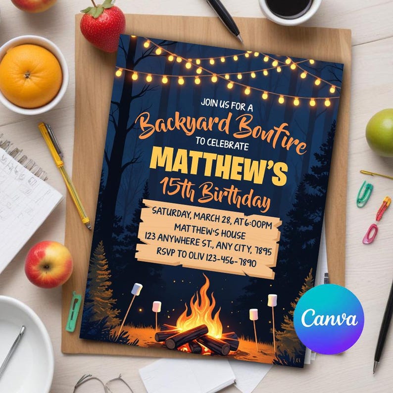 Bonfire Birthday Invitation, Backyard Bonfire Invite, S'mores Birthday ...
