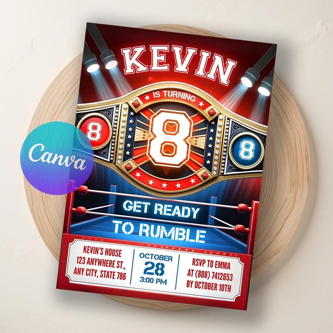 Editable Wrestling Birthday Invitation, Championship Belt Party Invite ...