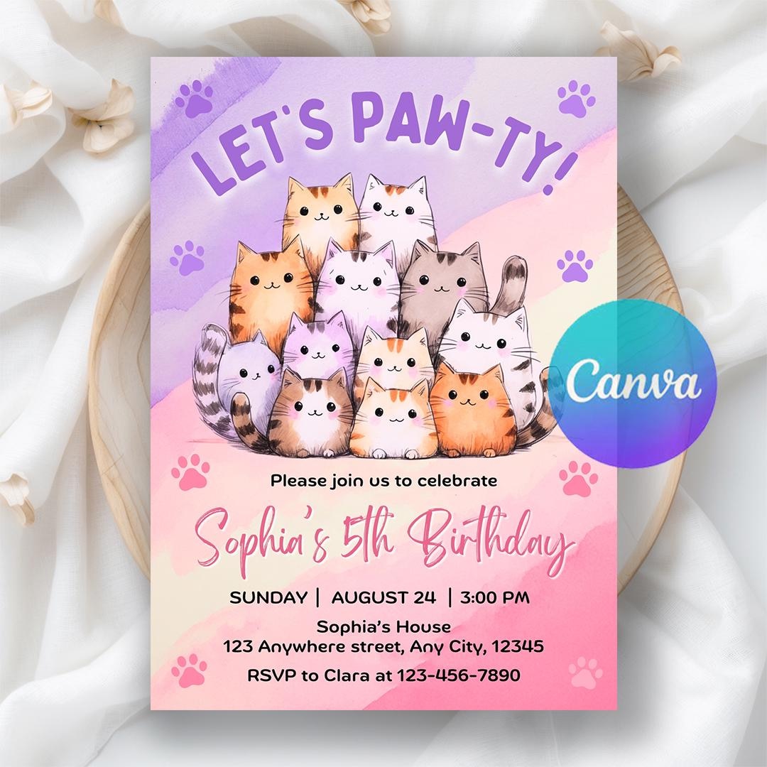 Cat Themed Birthday Invitation, Paw-ty Birthday, Cat Birthday ...