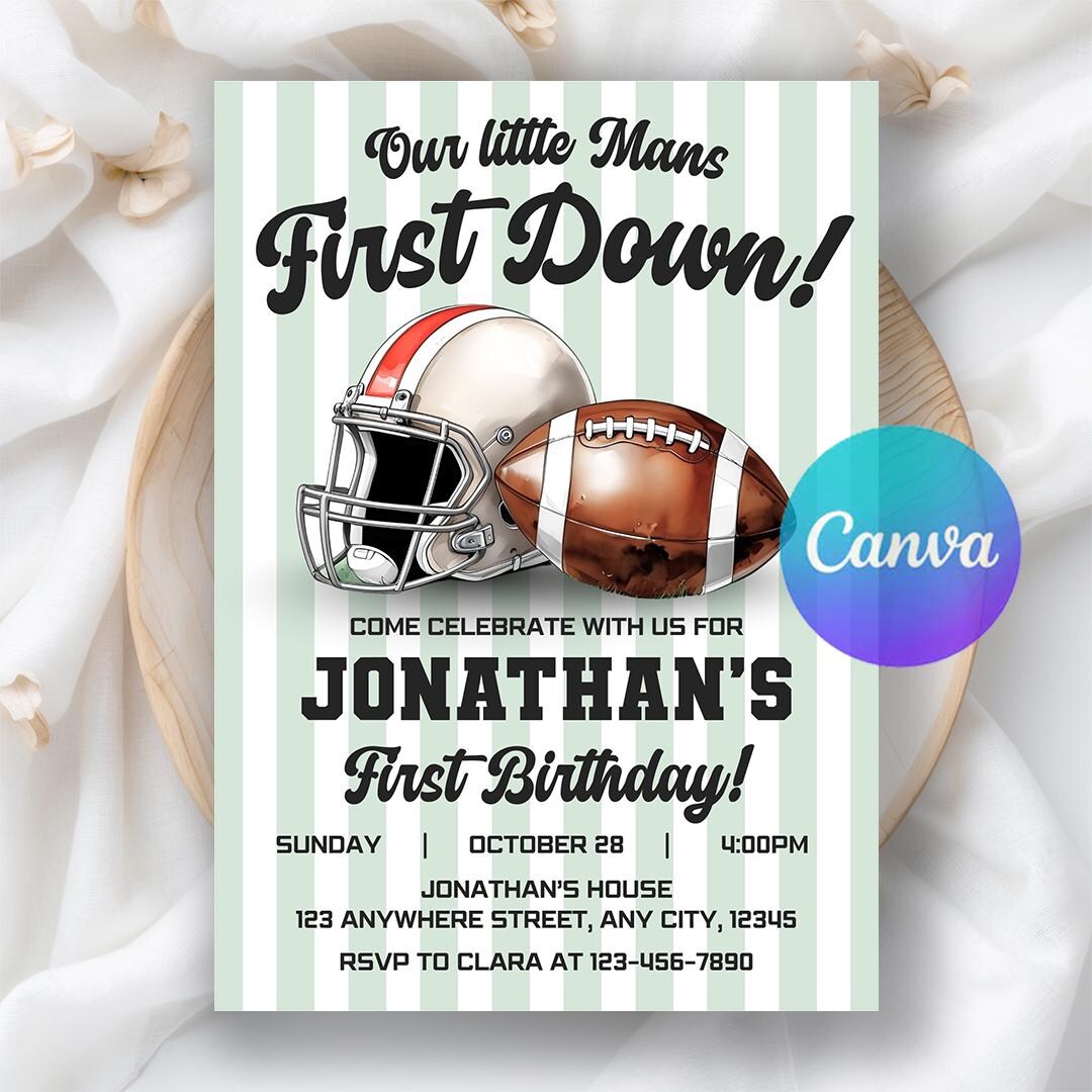 Editable Football Birthday Invitation, First Year Down, Football ...