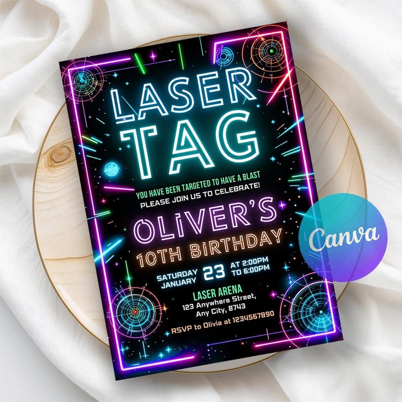 Laser Tag Birthday Invitation, Laser Tag Invitation, Neon Laser Tag ...