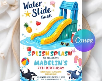 Waterslide Birthday Invitation, Boy or Girl Splash Party Invite, Summer ...