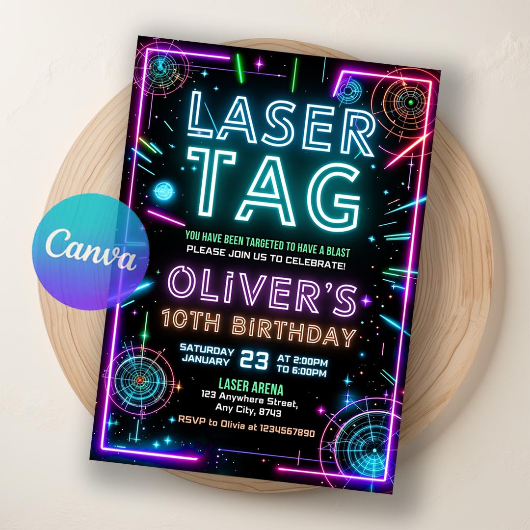 Laser Tag Birthday Invitation, Laser Tag Invitation, Neon Laser Tag ...