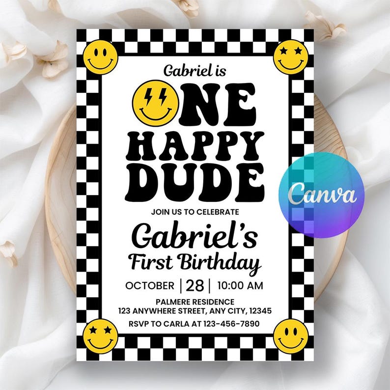 One Happy Dude Birthday Invitation, Smiley Face Retro One Happy Dude ...