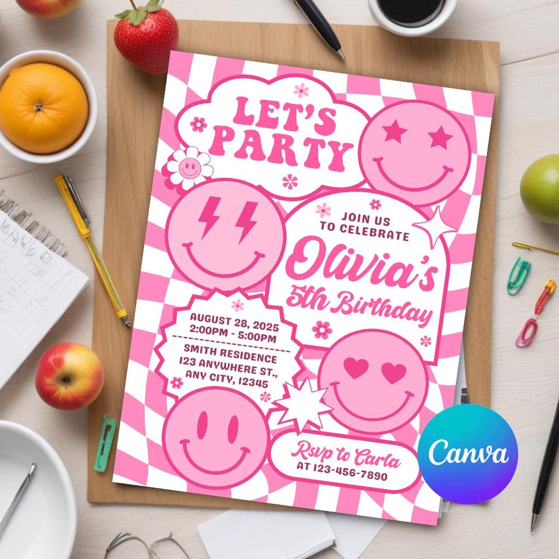 Pink Retro Smiley Birthday Invitation, Preppy Pink Party Invite, Wavy ...