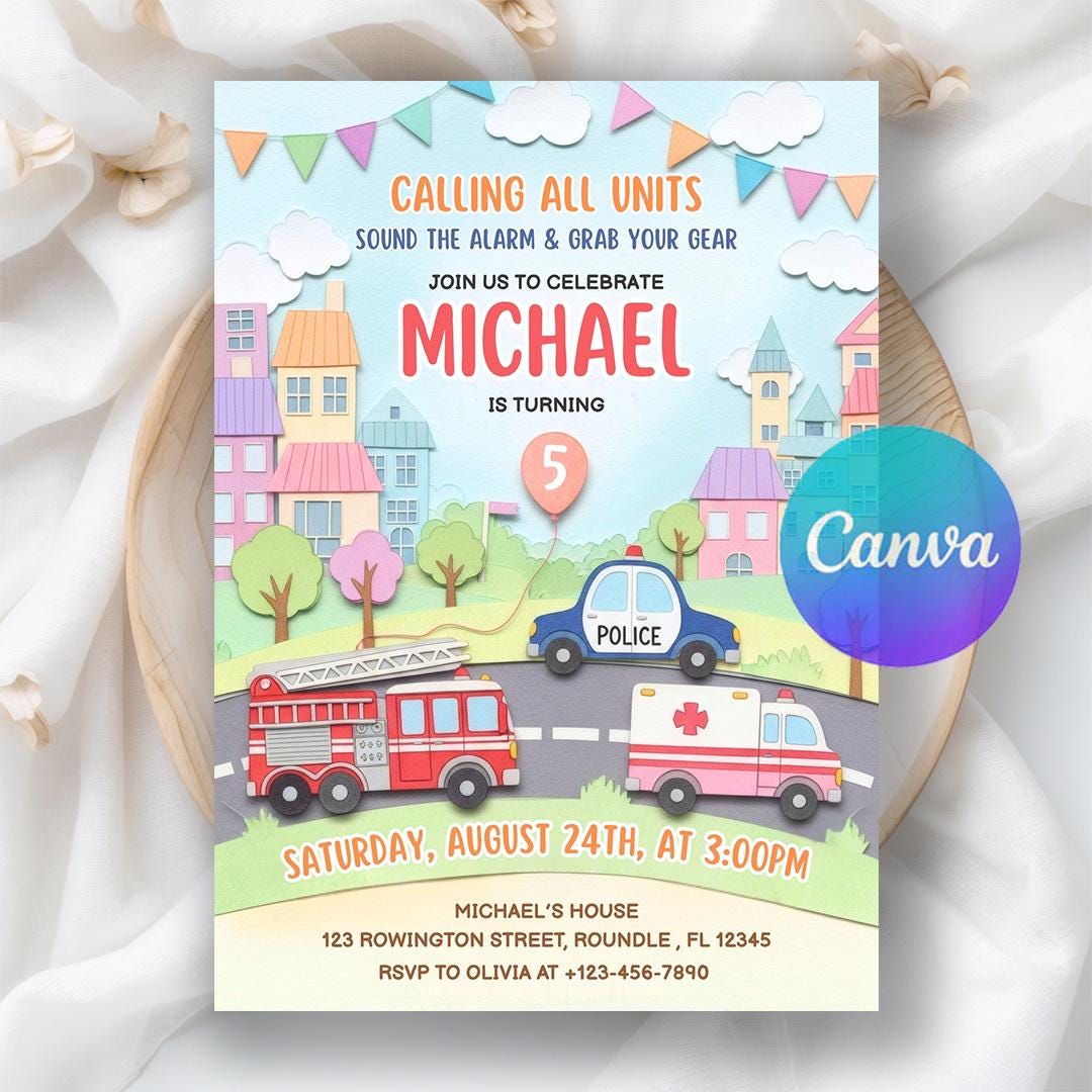 Emergency Vehicles Birthday Invitation, First Responders Party, Police ...