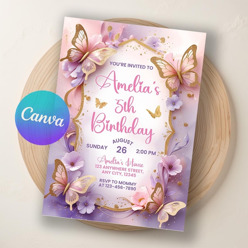 Butterfly Birthday Invitation, Girl Butterfly Party, Purple Butterfly ...