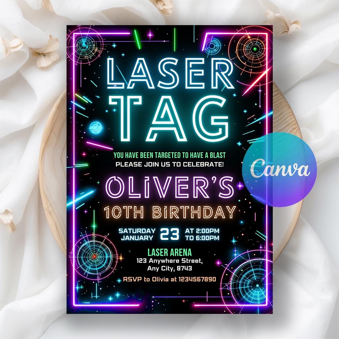 Laser Tag Birthday Invitation, Laser Tag Invitation, Neon Laser Tag ...