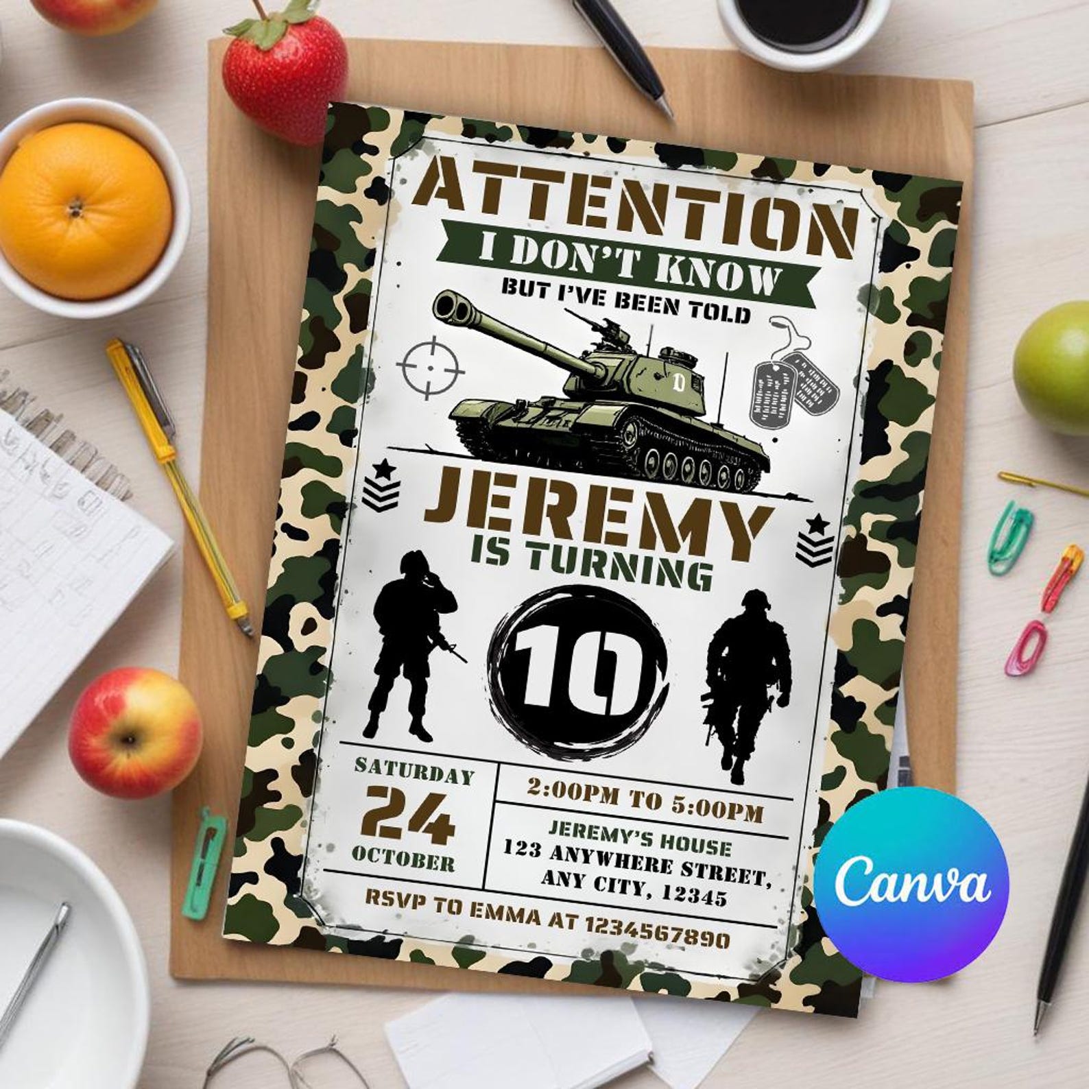 Army Birthday Invitation, Military Party Invitations, Soldier Birthday ...