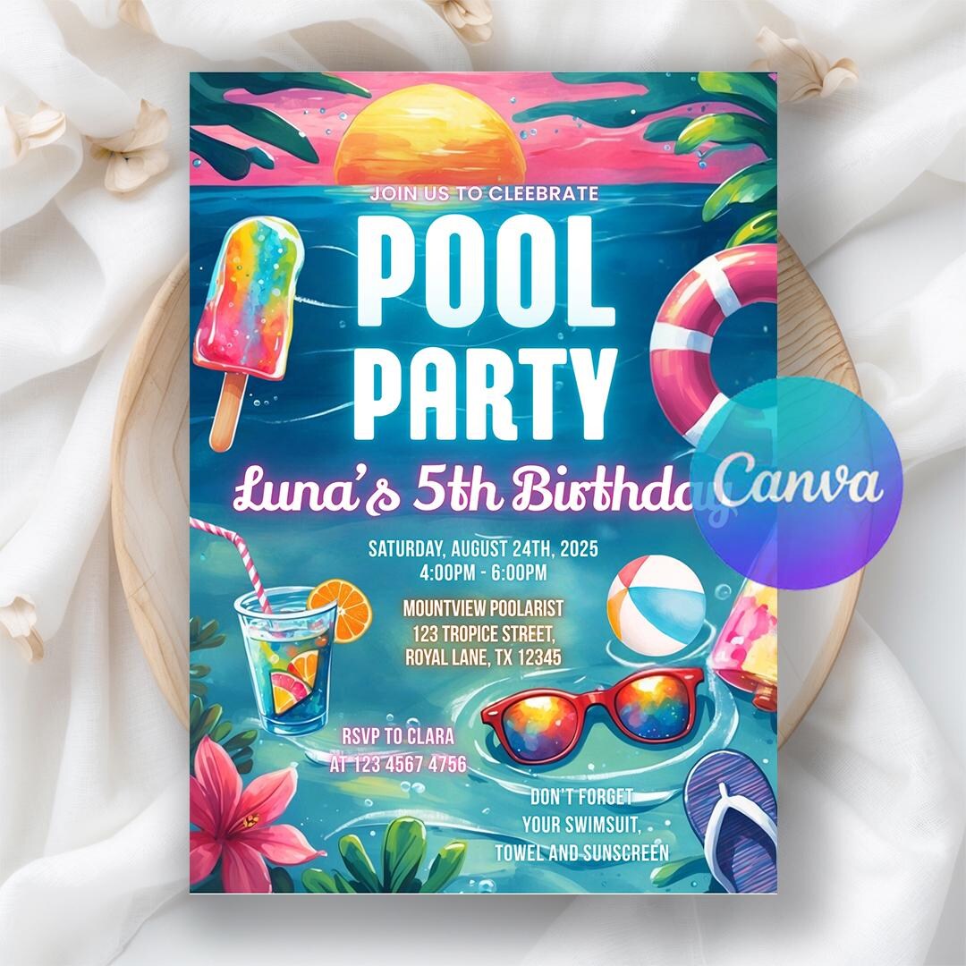 Summer Pool Party Birthday Invitation, Pool Party Digital Invitation ...