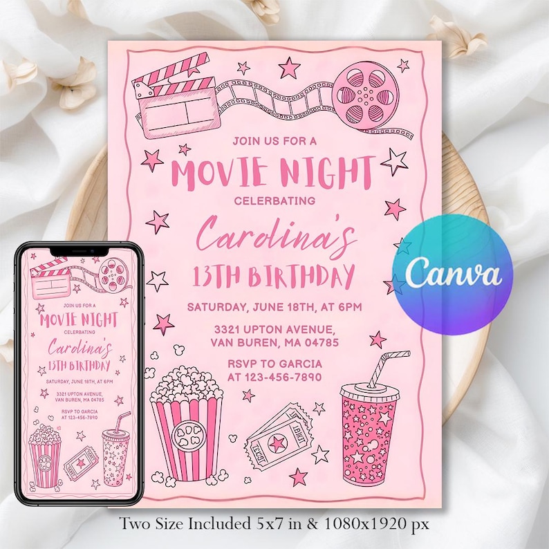 Hand Drawn Movie Night Invitation, Girls Movie Birthday Invitation ...