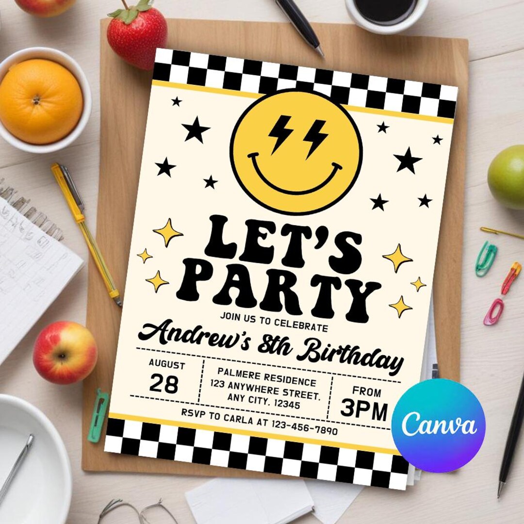 Boy Smiley Face Let's Party Birthday Invitation, Smile Face Groovy ...
