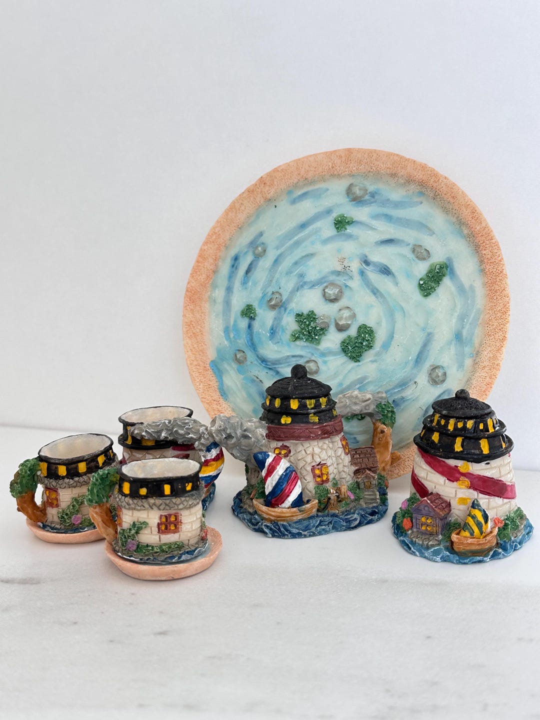 Vintage Hand-painted Miniature Tea Set: 1990s Lighthouse Design - Etsy