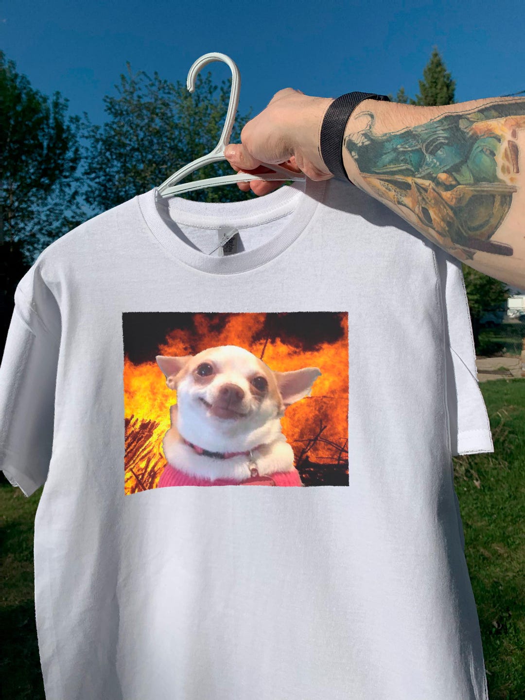 Smiling Dog Fire Meme T-shirt – Funny Chaos Chihuahua Tee – Oversized ...