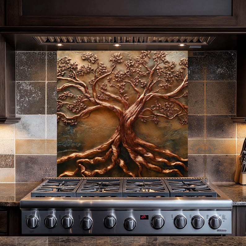 Tree of Life Tempered Glass Backsplash,copper Splashback Tile ...