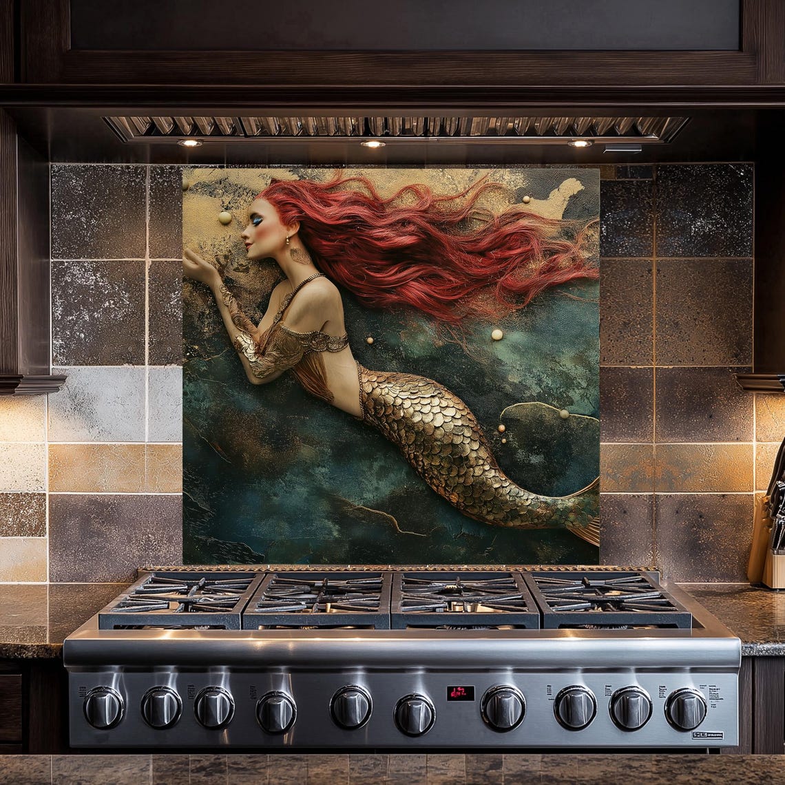 Copper Mermaid Tempered Glass Stove Backsplash Panel,stove Top Cover ...