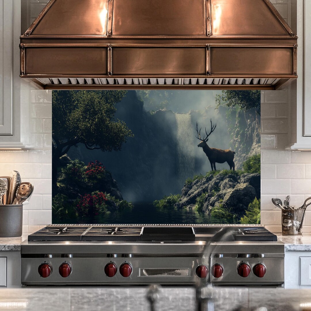 Forest Deer Backsplash, Tempered Glass Stove Panel, Woodland Kitchen ...