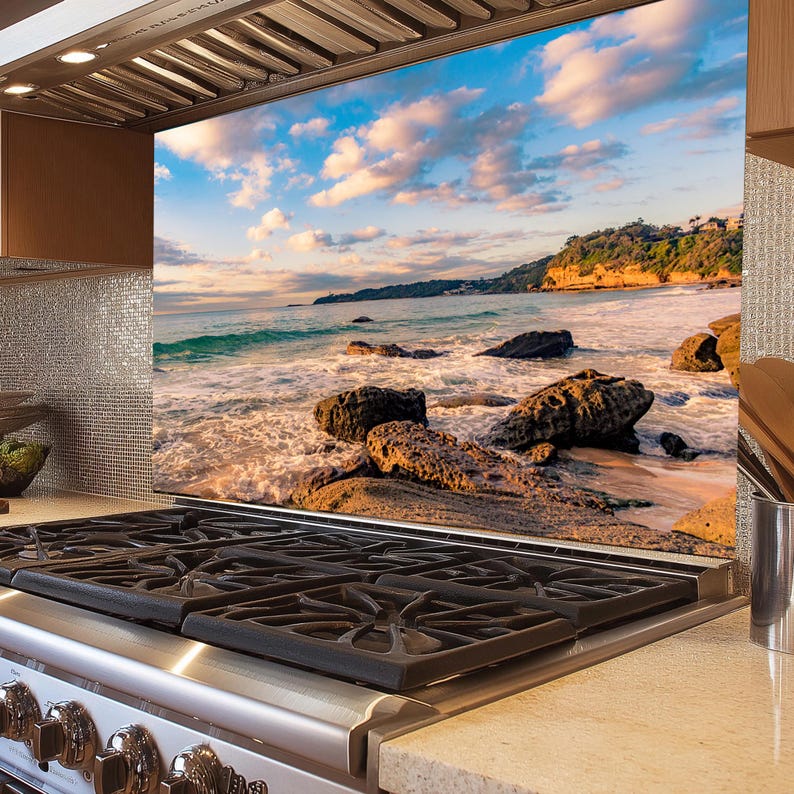 Coastal Beach Backsplash, Ocean View Stove Panel, Seaside Kitchen ...