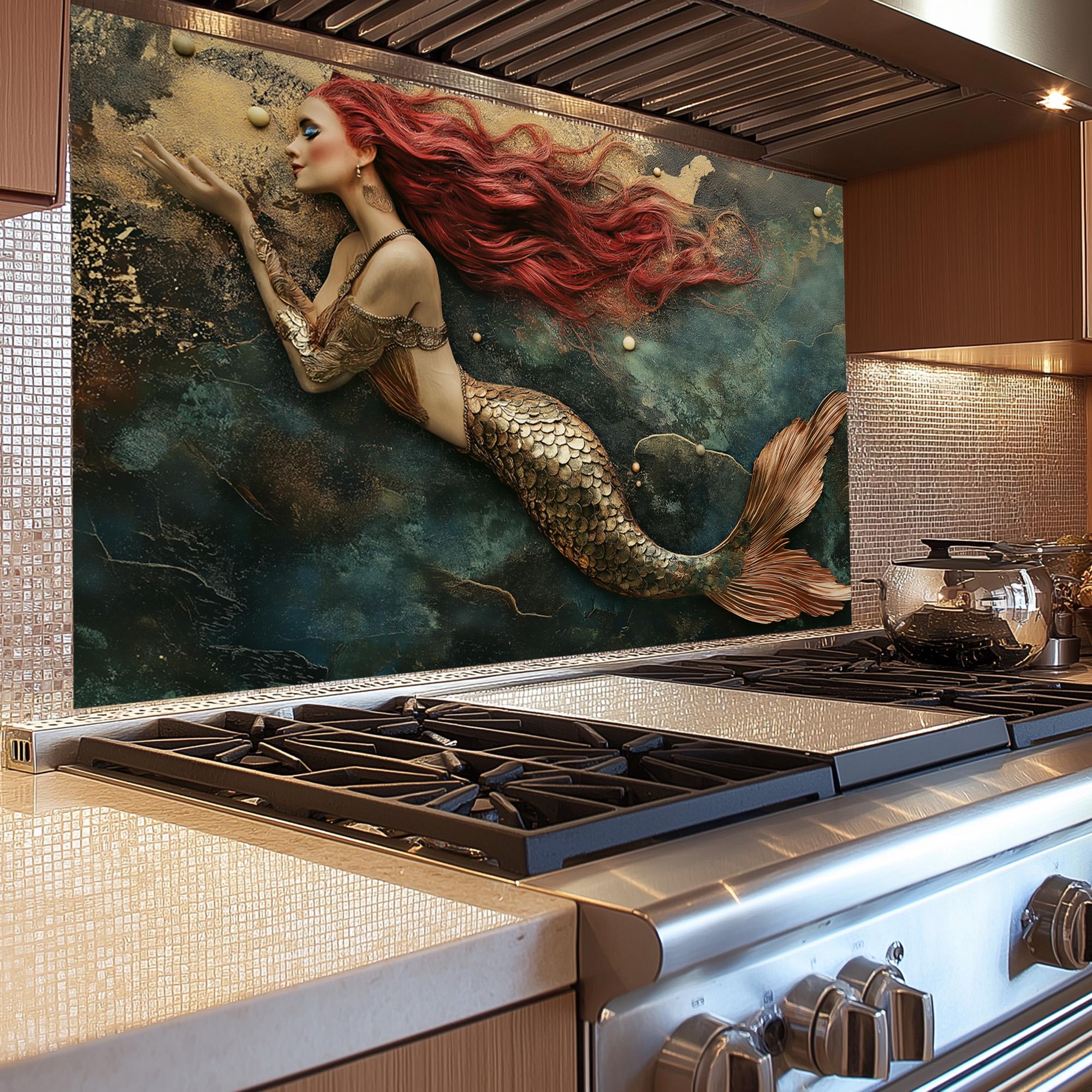 Copper Mermaid Tempered Glass Stove Backsplash Panel,stove Top Cover ...