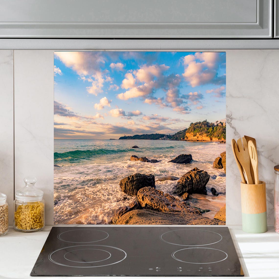 Coastal Beach Backsplash, Ocean View Stove Panel, Seaside Kitchen ...