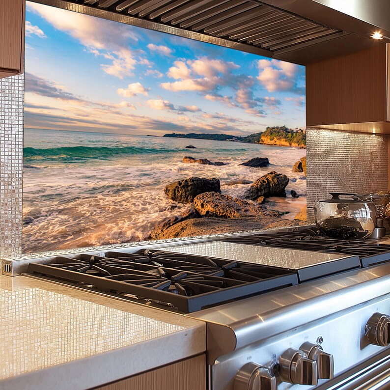 Coastal Beach Backsplash, Ocean View Stove Panel, Seaside Kitchen ...