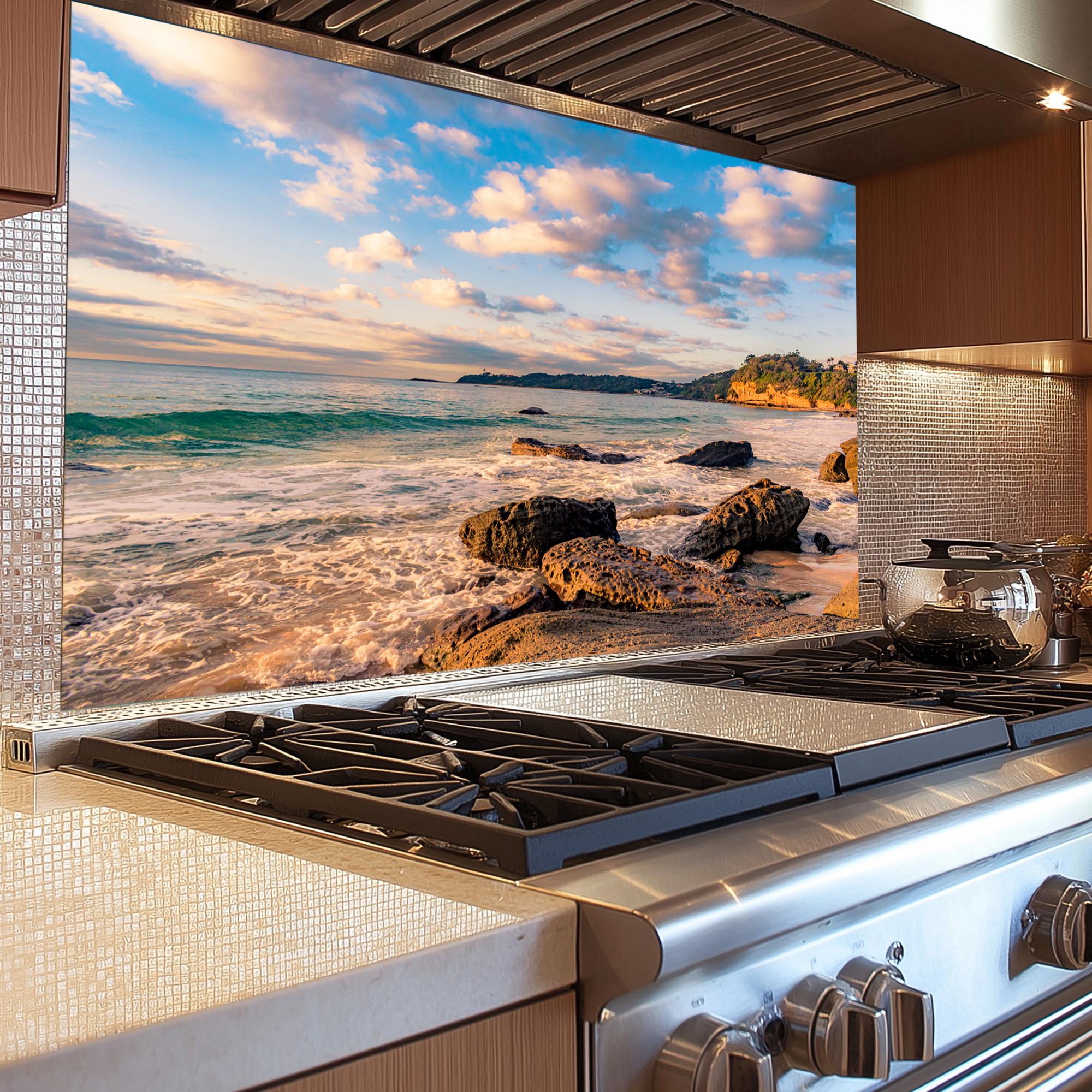 Coastal Beach Backsplash, Ocean View Stove Panel, Seaside Kitchen ...