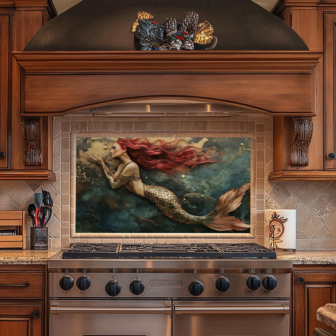 Copper Mermaid Tempered Glass Stove Backsplash Panel,stove Top Cover ...