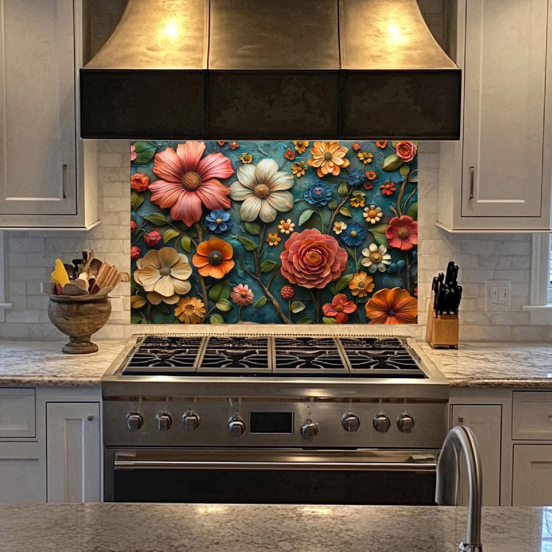 Tempered Glass Flowers Backsplash,kitchen Backsplash Behind Stove,glass ...