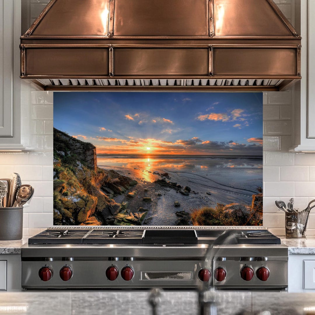 Ocean Sunset Backsplash Panel, Coastal Kitchen Stove Back Cover, Beach ...