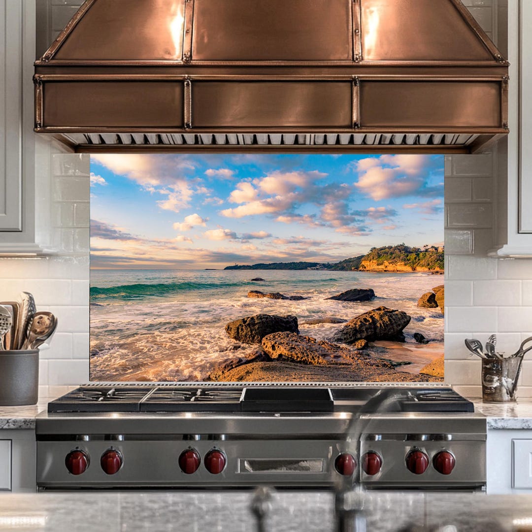 Coastal Beach Backsplash, Ocean View Stove Panel, Seaside Kitchen ...